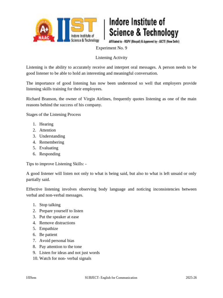 Listening Activity Lab Manual | PDF | Communication | Nonverbal ...
