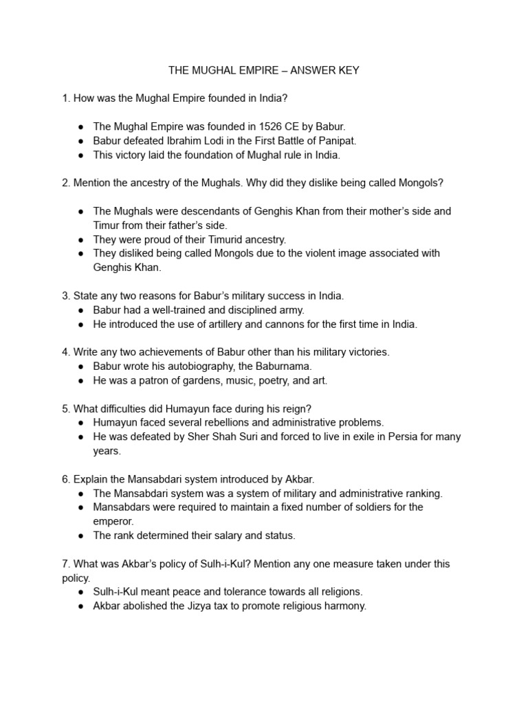 Mughal Empire Worksheet-Answer Key | PDF | Mughal Empire