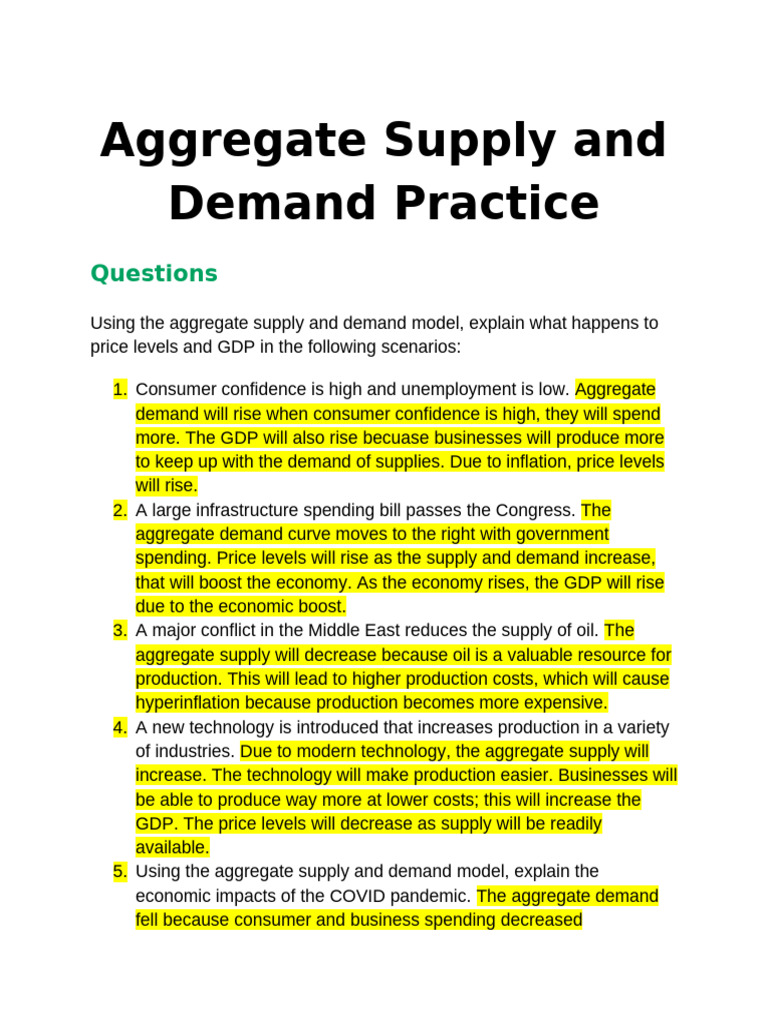Aggregate Supply and Demand Practice | PDF