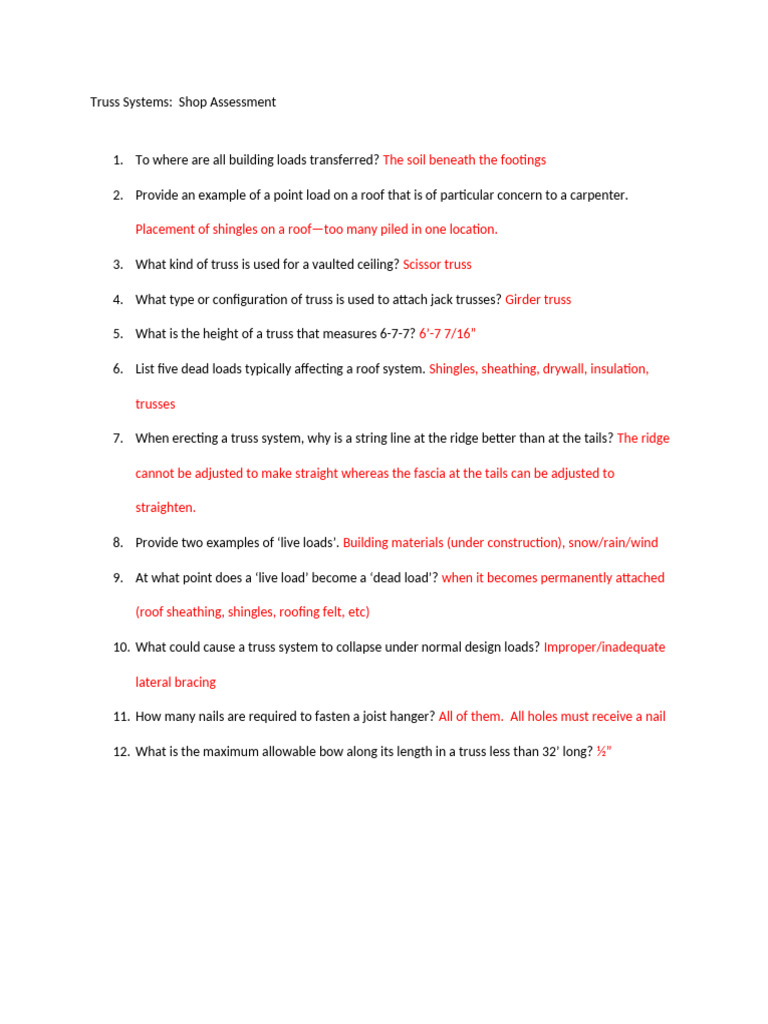 Truss Systems Quiz Key | PDF
