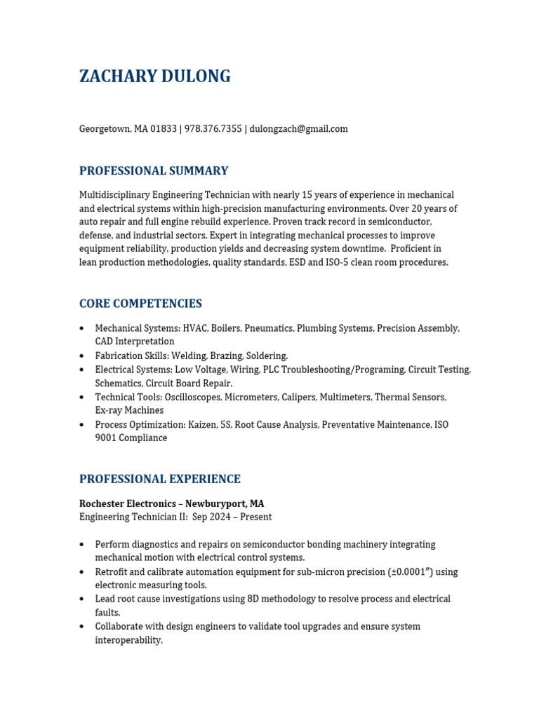 Zach Dulong Resume 10.25 | PDF | Programmable Logic Controller | Automation