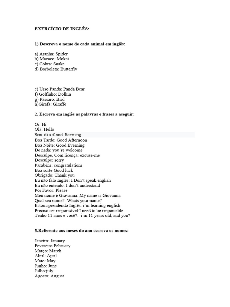 Exercício Prático de Inglês Básico | PDF