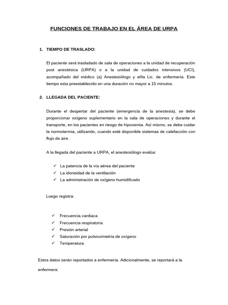 FUNCIONES DE TRABAJO EN EL ÁREA DE URPA | PDF | Unidad de Cuidados ...