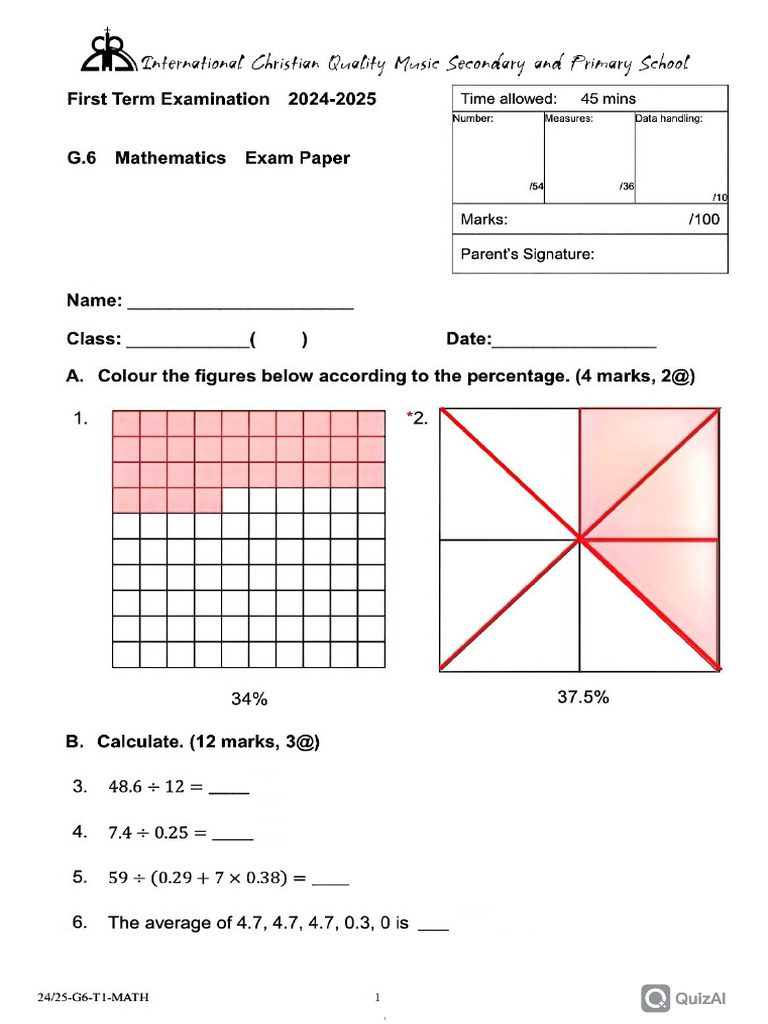 24-25 G6 Maths 1sr Term Exam Paper Q&A | PDF | Area | Kilogram