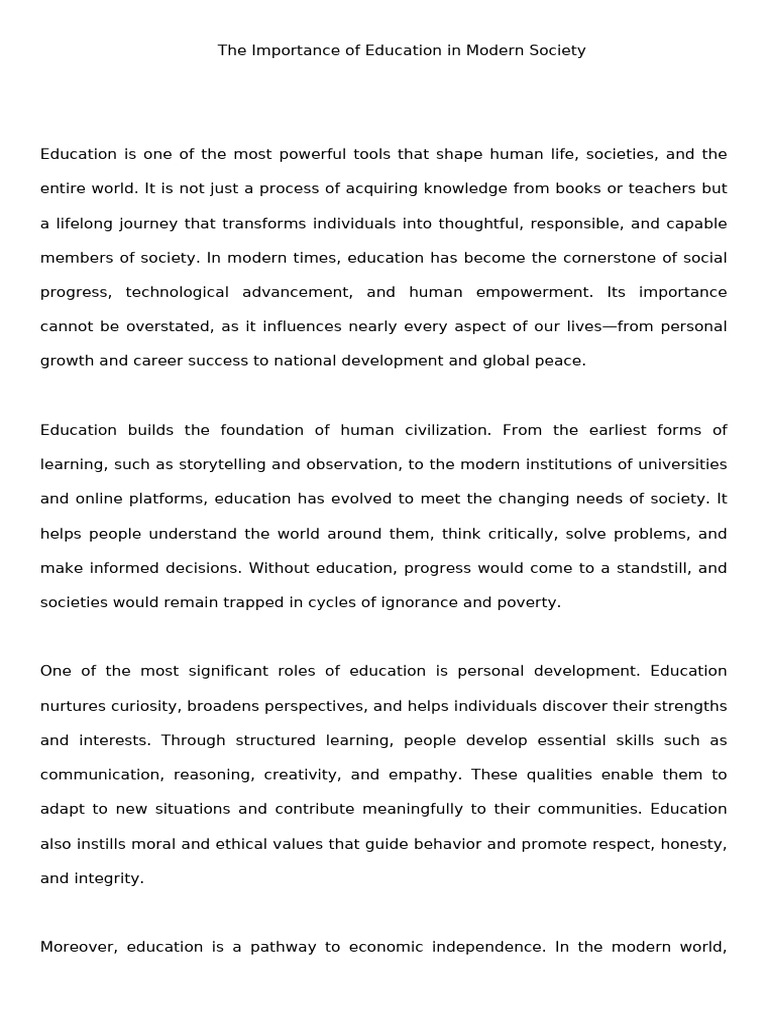 The Importance of Education in Modern Society | PDF | Learning | Social ...