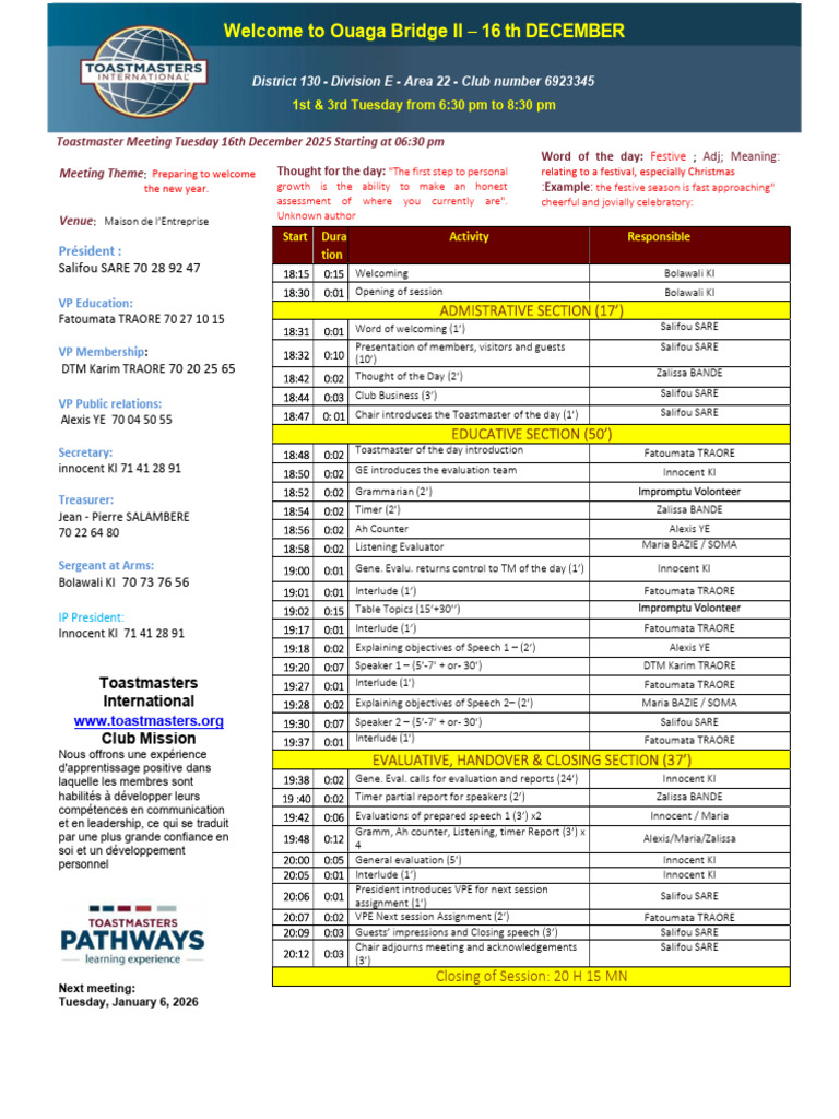 Toastmasters Meeting Agenda - Dec 16, 2025 | PDF