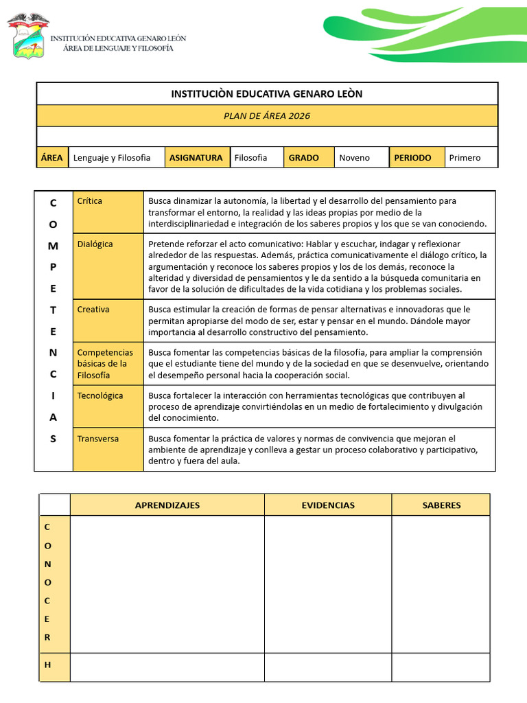 Plan de Filosofía Noveno 2026 | PDF | Aprendizaje | Pensamiento
