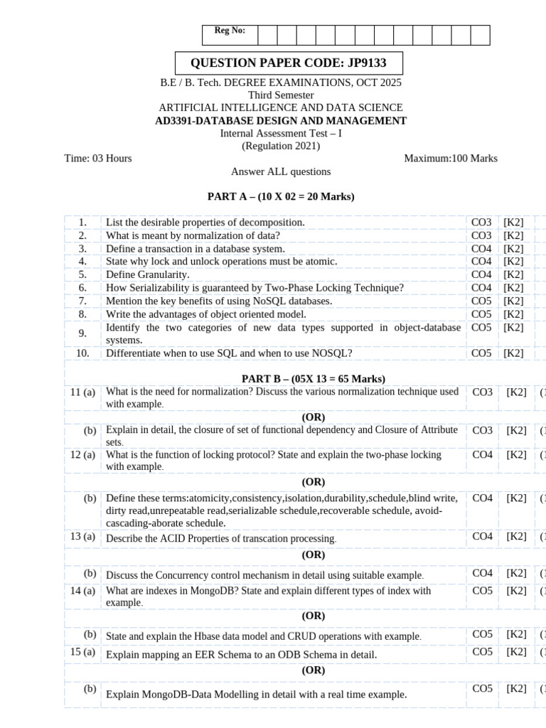 AD3391-SET1(IAT-2) | PDF | Databases | Information Technology Management
