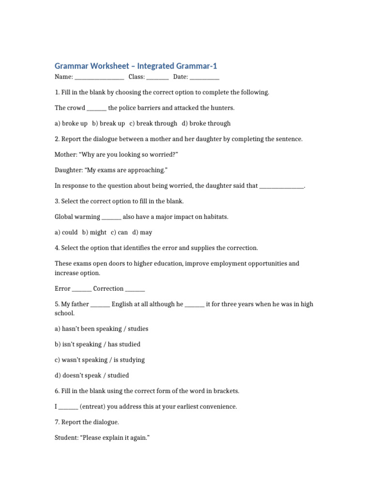 Grammar Worksheet Integrated Grammar 1 | PDF