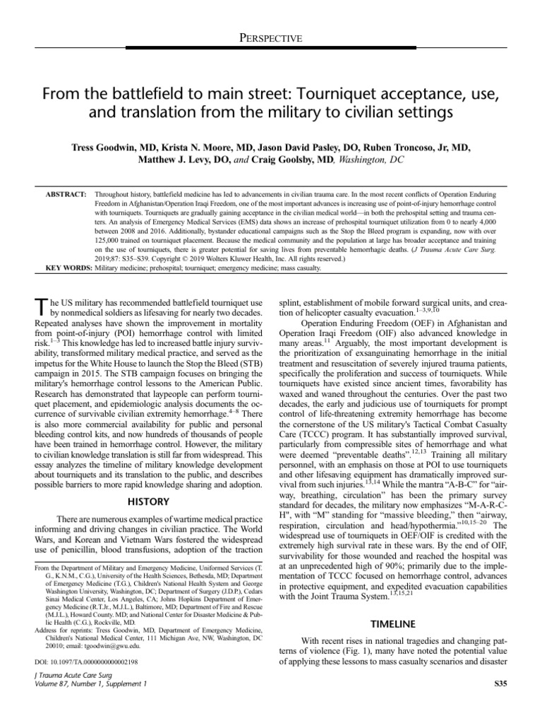 From the Battlefield to Main Street- Tourniquet Acceptance, Use, And ...