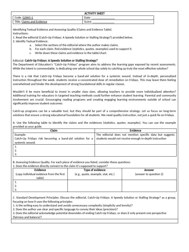 Claims and Evidence Activity Sheet | PDF | Learning | Teachers