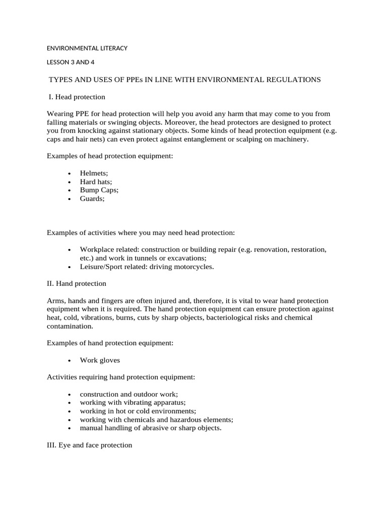 Lesson 3 Ppe and Use-Environmental Literacy | PDF | Personal Protective ...