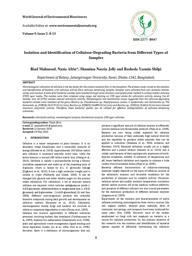 Isolation and Identification of Cellulose Degrading Bacteria From ...