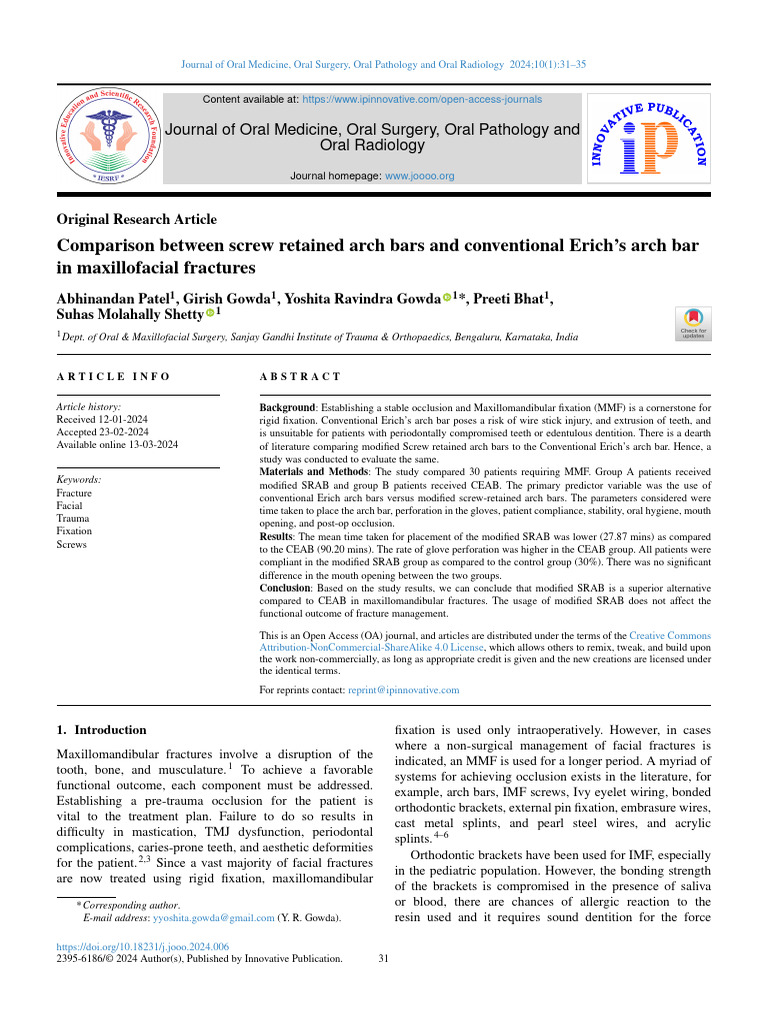 Screw Retained vs. Erich's Arch Bar in Fractures | PDF | Orthodontics ...