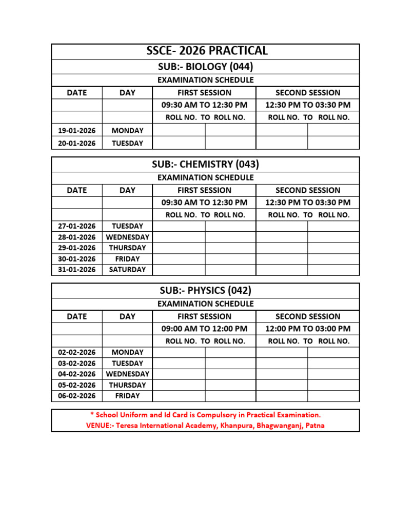 2026 Practical Exam Schedule for Biology, Physics, Chemistry | PDF
