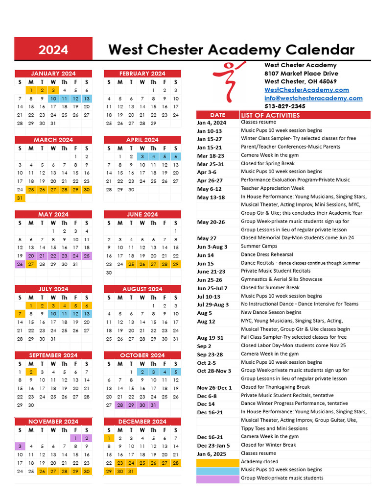 West Chester Academy 2024 Calendar | PDF