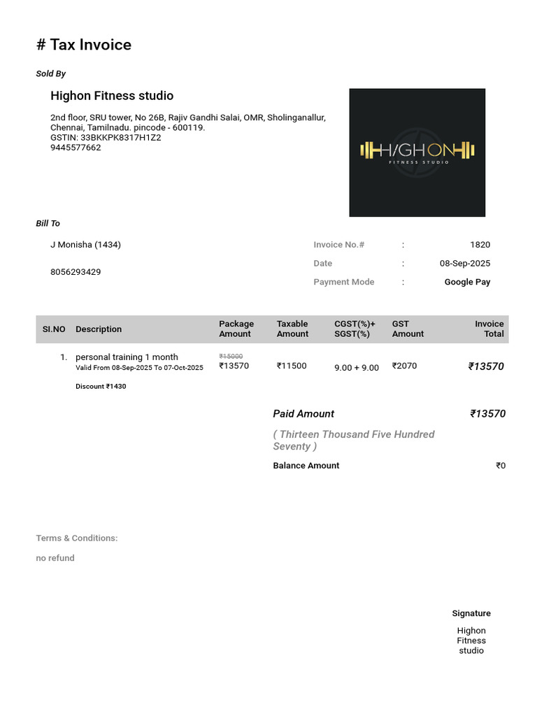 Tax Invoice for Personal Training Package | PDF