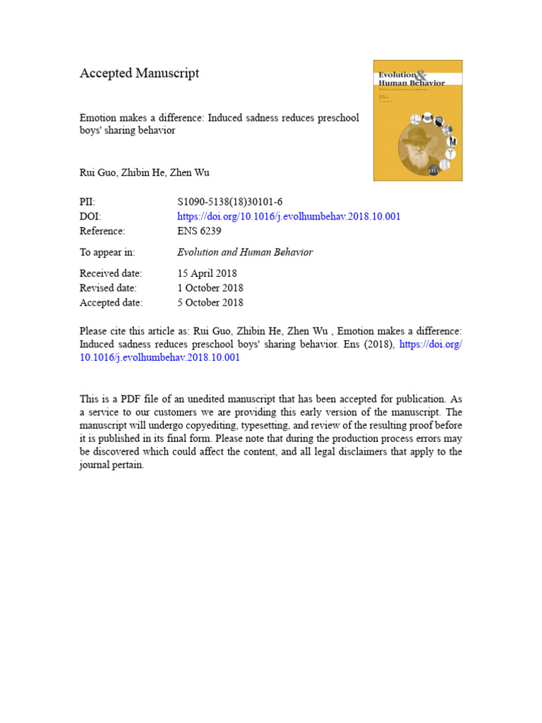 Induced Sadness Reduces Preschool Boys’ Sharing Behavior | PDF ...