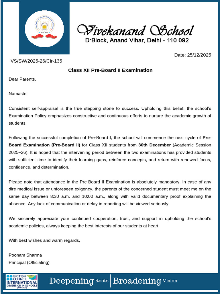 Class XII Pre-Board II Exam Announcement | PDF