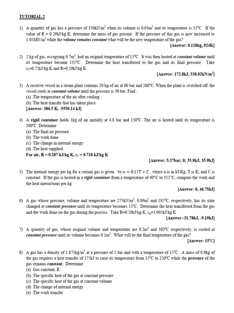 Tutorial 2 Non-flow Process | PDF | Gases | Heat