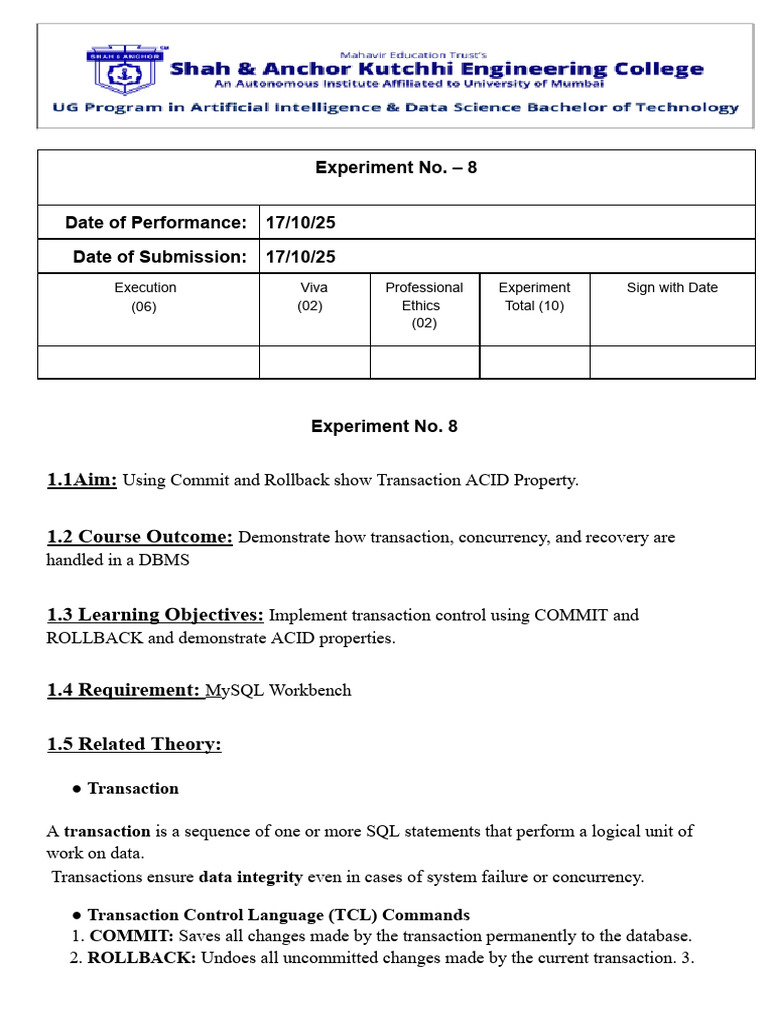 Demonstrating ACID Properties in MySQL | PDF | Database Transaction | Acid