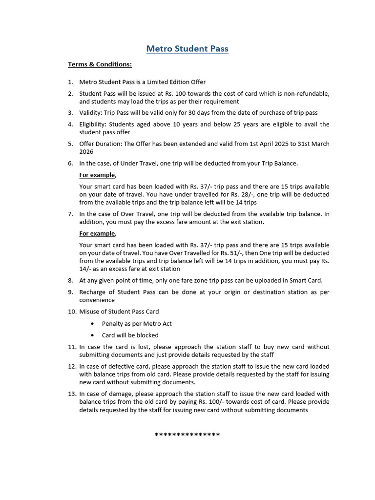 Terms Conditions Metro Student Pass | PDF