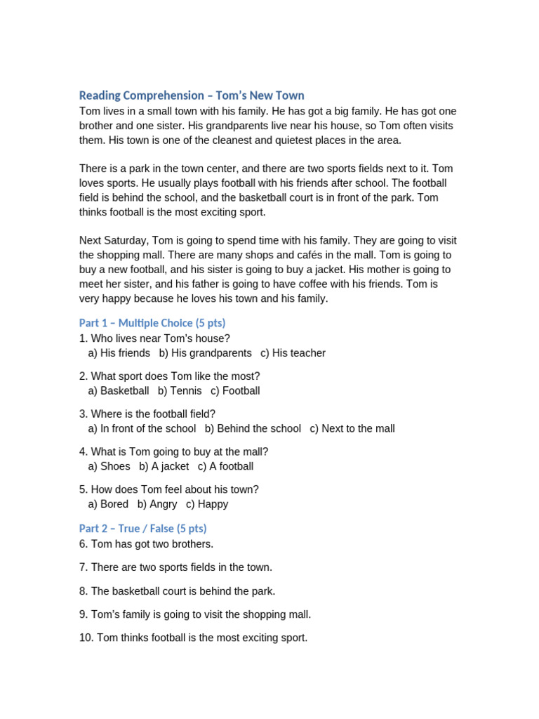Tom's New Town Reading Comprehension | PDF