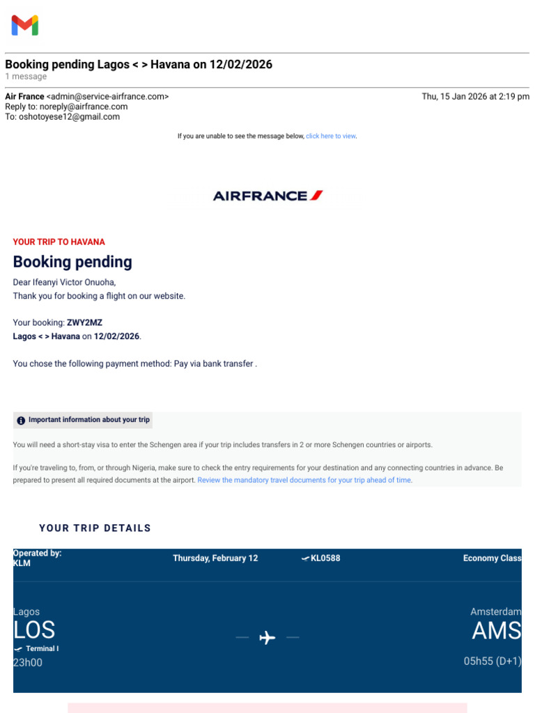Gmail - Booking Pending Lagos _ _ Havana on 12-02-2026 (3) | PDF ...