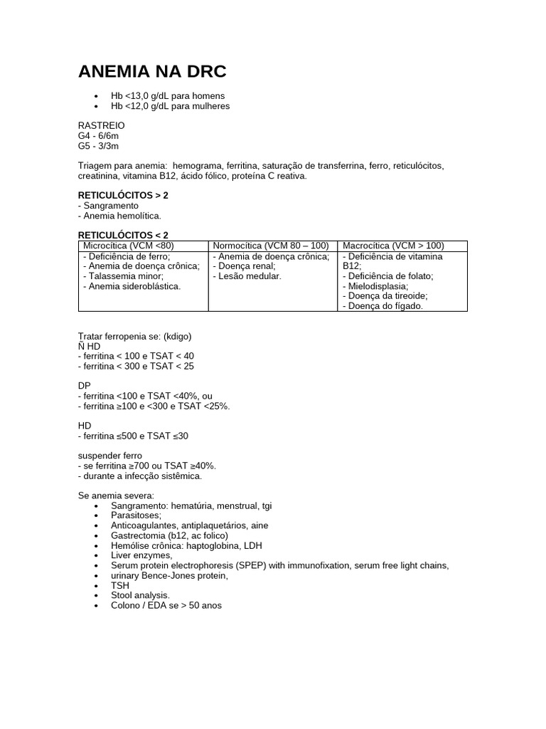 Anemia na Doença Renal Crônica: Diagnóstico e Tratamento | PDF | Anemia ...