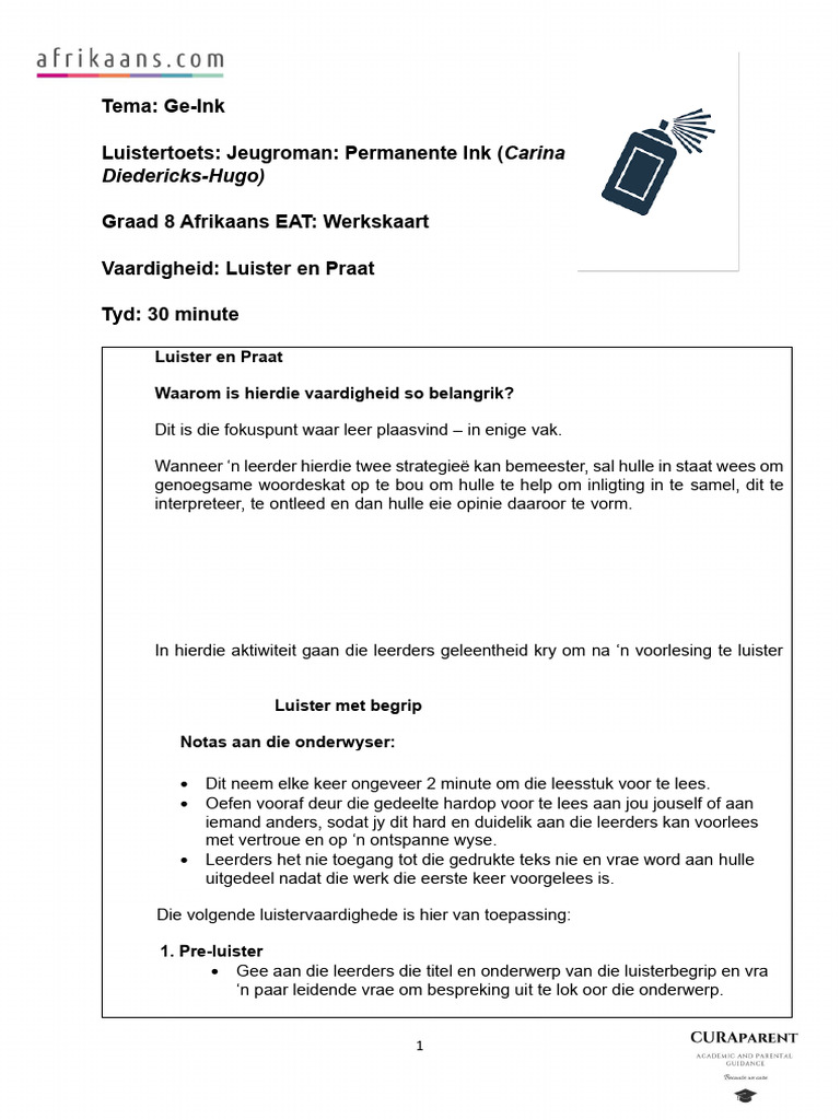 4. Gr 8 EAT Luister en Praat Jeugroman- Graffiti Luistertoets Permanent ...