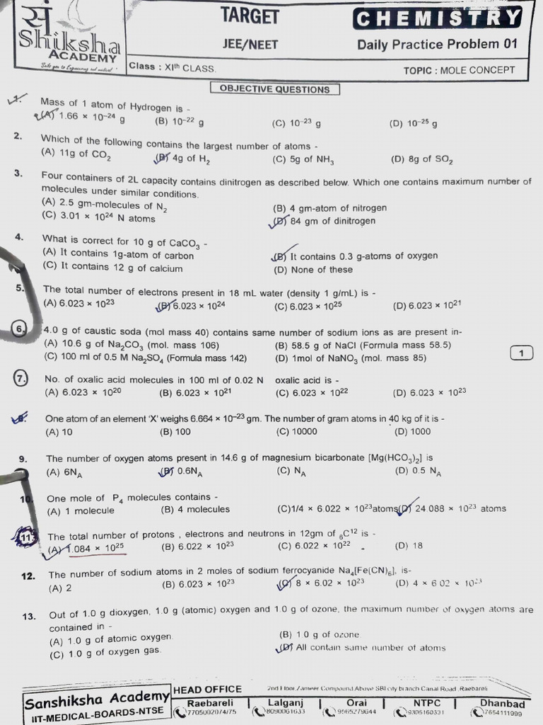 Daily Practice Problems on Mole Concept | PDF | Mole (Unit) | Molecules
