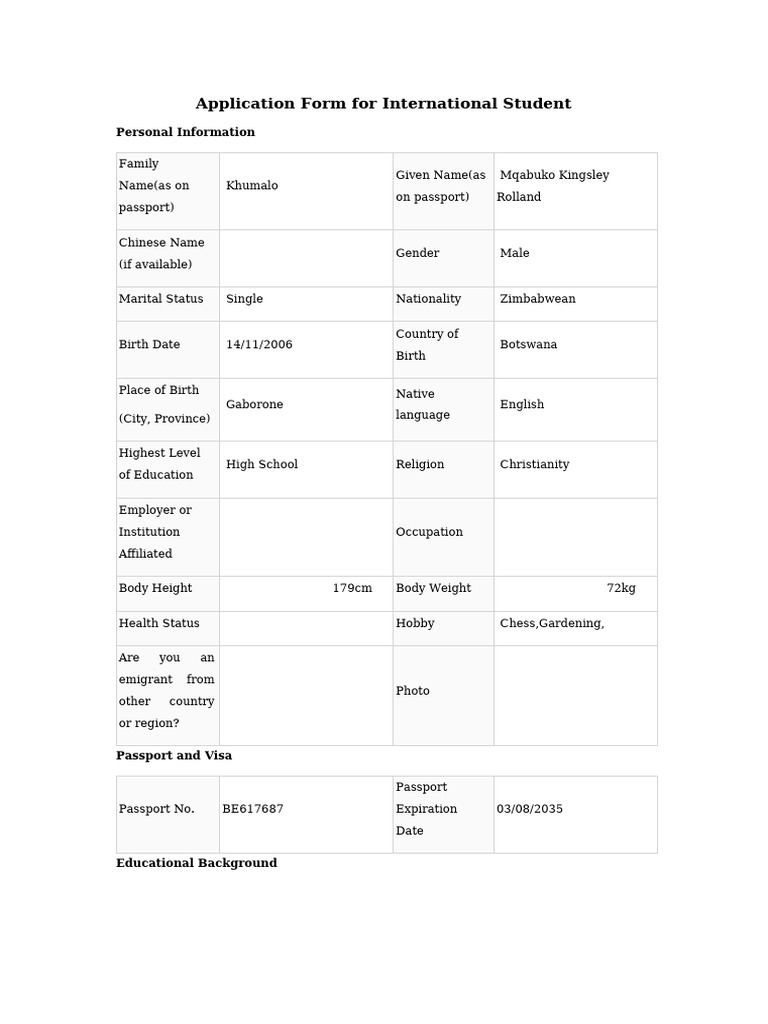 Application Form for International Student | PDF | Government And ...