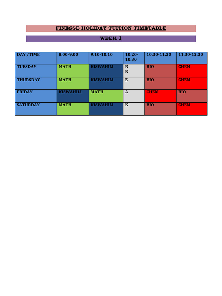 Finesse Holiday Tuition Timetable Week 1_(0) | PDF