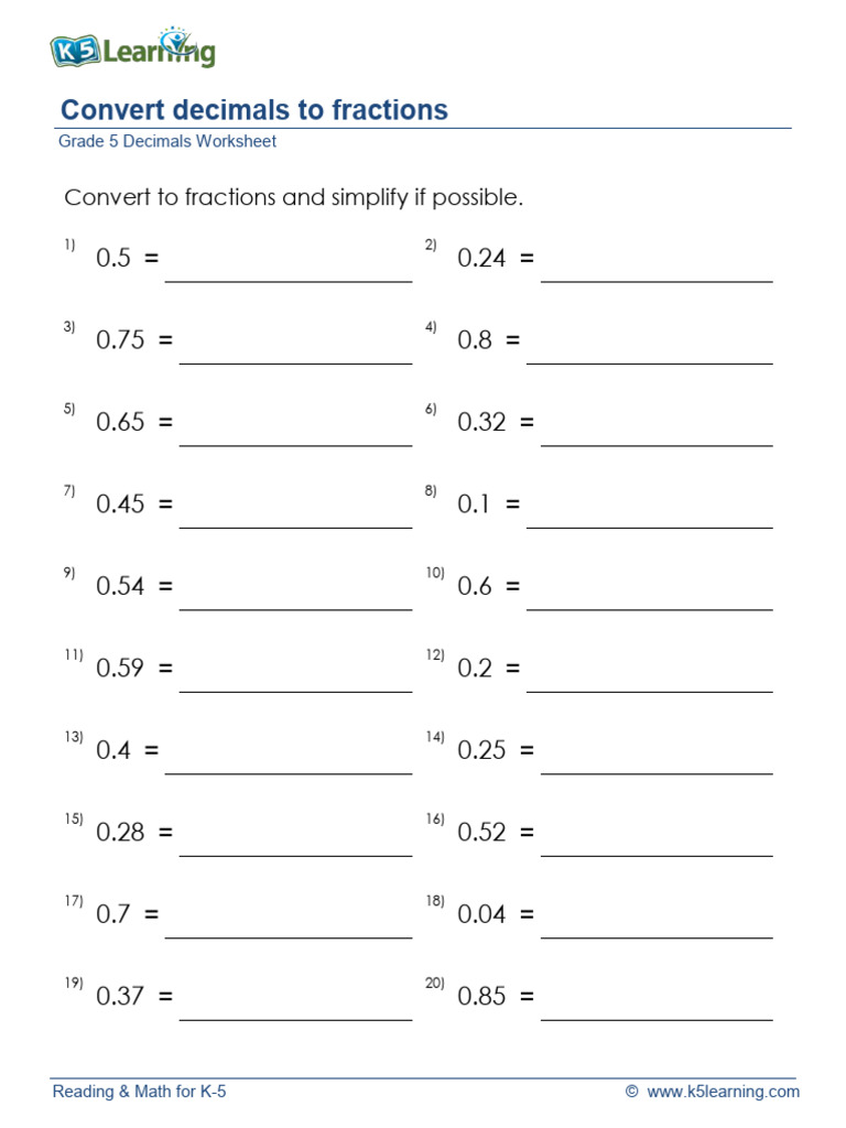 Grade 5 Decimal to Fraction Worksheet | PDF | Mathematical Notation ...