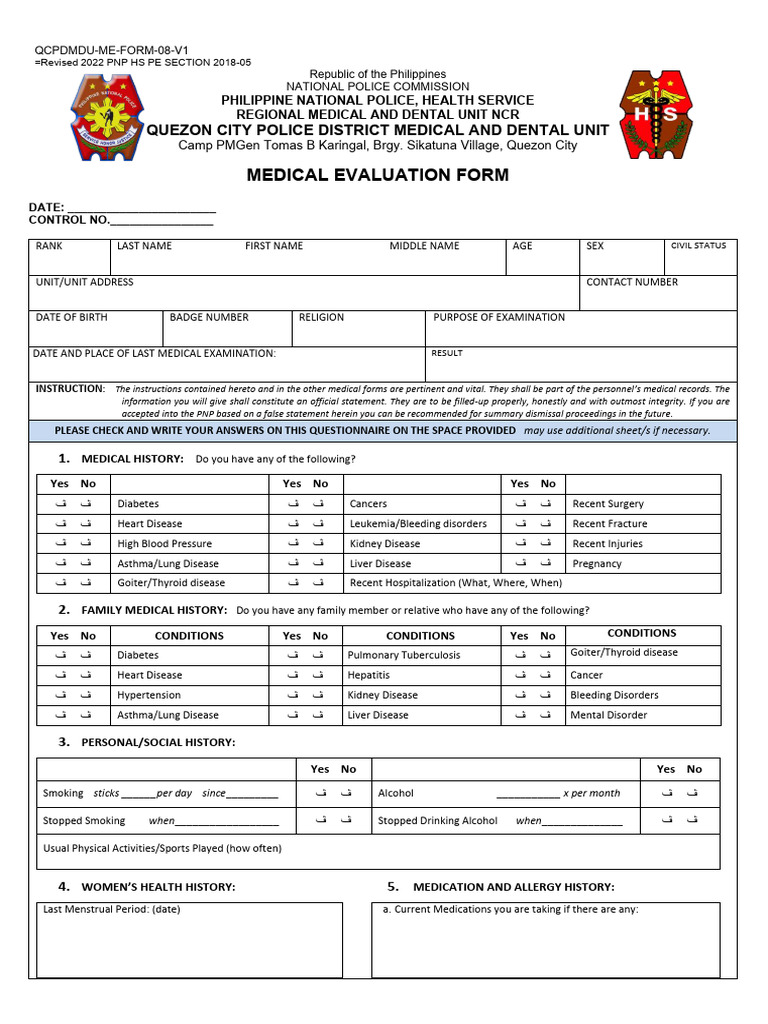 Pft Pre-medical Evaluation Form 2 | PDF | Obesity | Body Mass Index