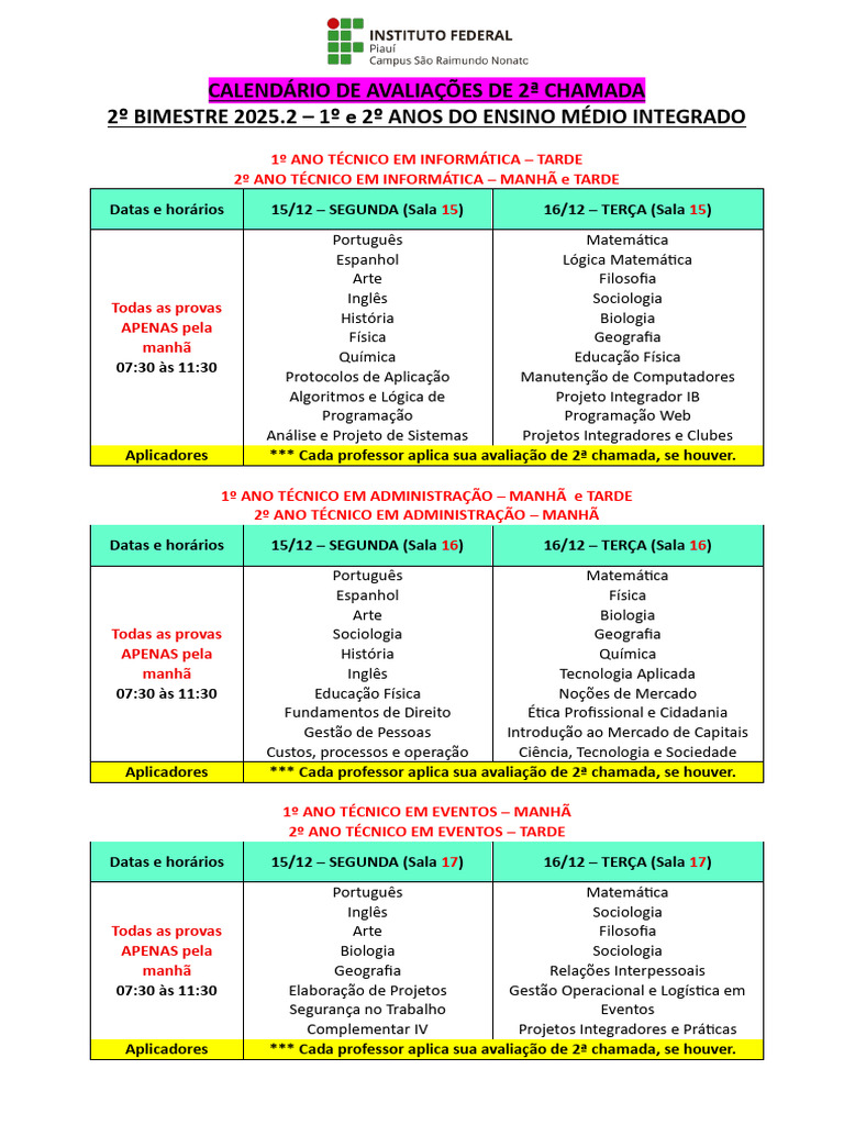 Calendário de 2ª Chamada - 2º Bim 2025.2 | PDF | Matemática | Sociologia