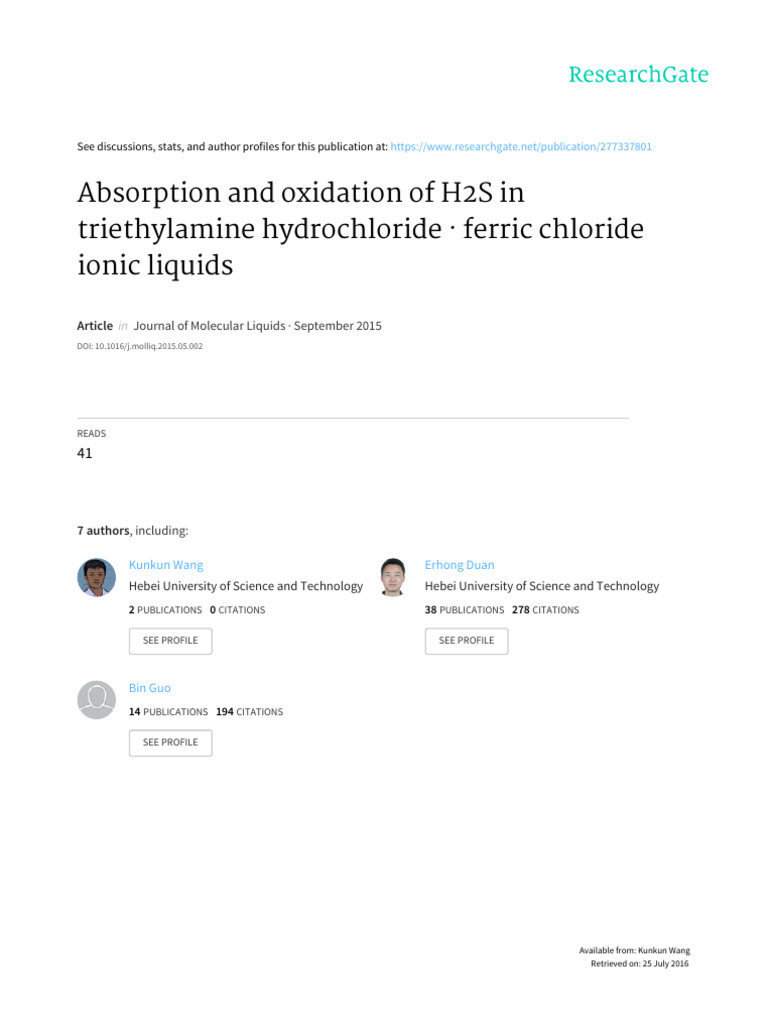 Absorption and Oxidation of H2S in Triethylene Hydrochloride - Ferric ...
