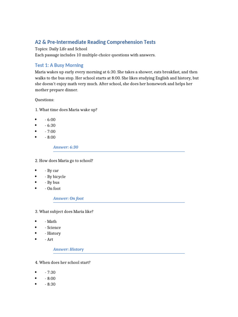 A2 Pre-Intermediate Reading Tests | PDF | Lunch | Chess