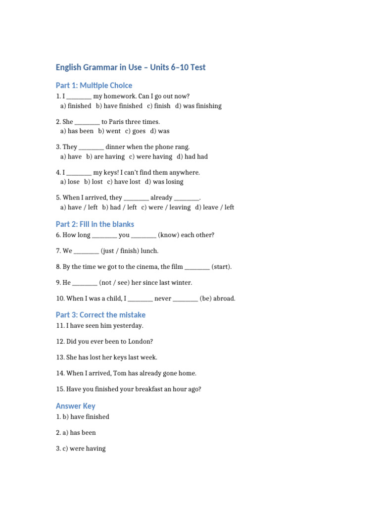 English Grammar Test: Units 6-10 | PDF