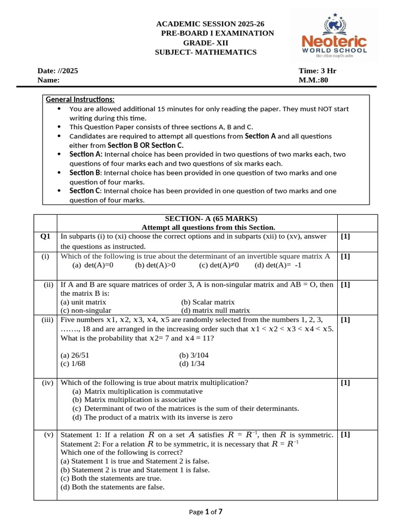 Maths 12TH Sample Paper 2026 | PDF | Matrix (Mathematics) | Mathematical Optimization