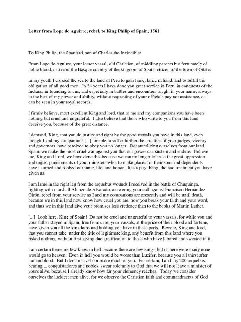 Letter From Lope de Aguirre | PDF | Religion And Belief
