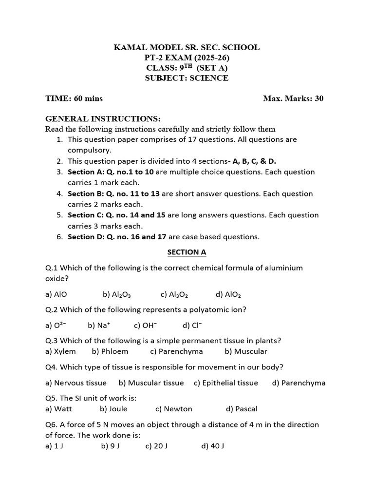 KMS Class 9 Science PT-2 Set A | PDF | Tissue (Biology) | Chemistry