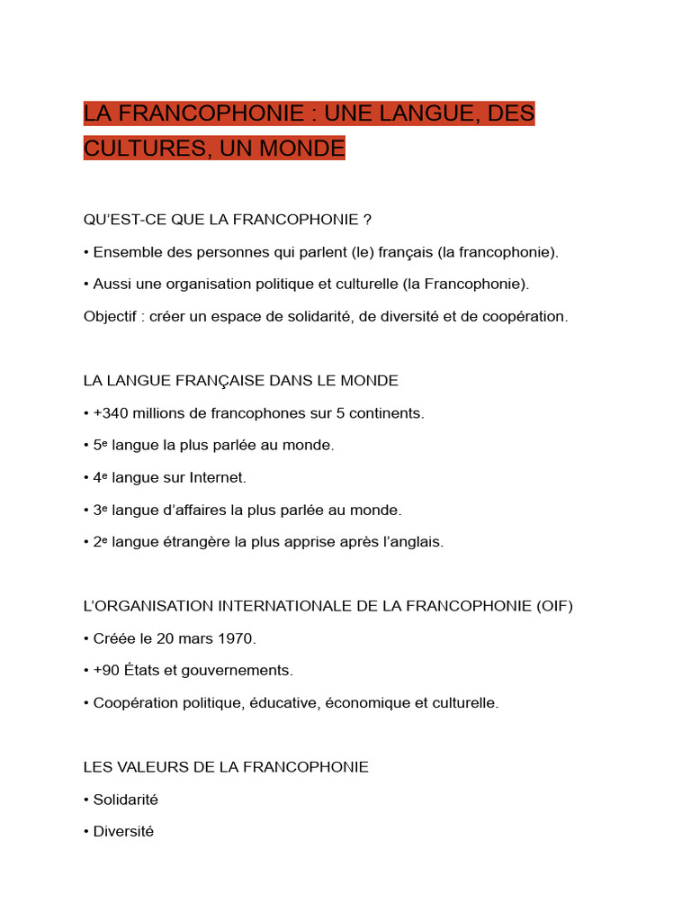 La Francophonie : Langue et Culture Mondiale | PDF | la Francophonie ...