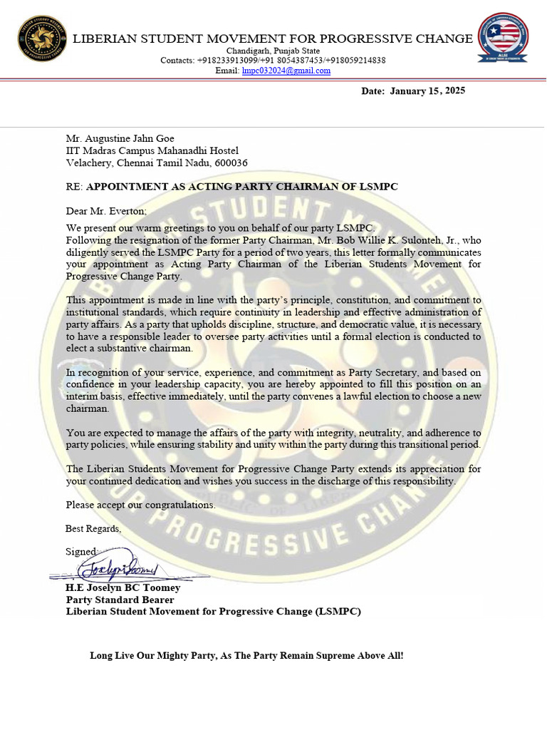 LSMPC_Letter of Appointment_Acting Chairman_ for Immediate Release | PDF