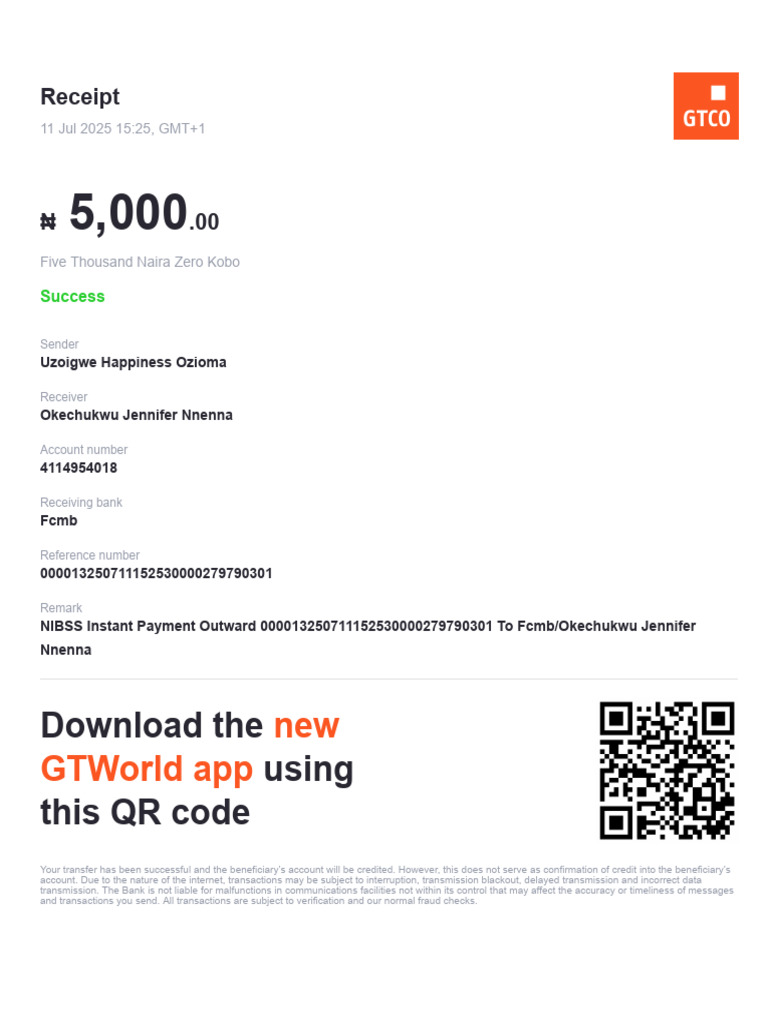 Successful Payment Receipt - ₦5,000 Transfer | PDF