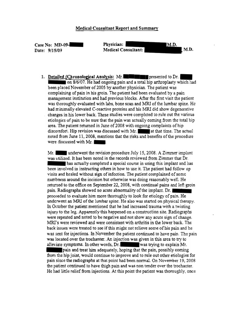 OMC Report Sample - Orthopedic Surgery | PDF | Pain | Implant (Medicine)