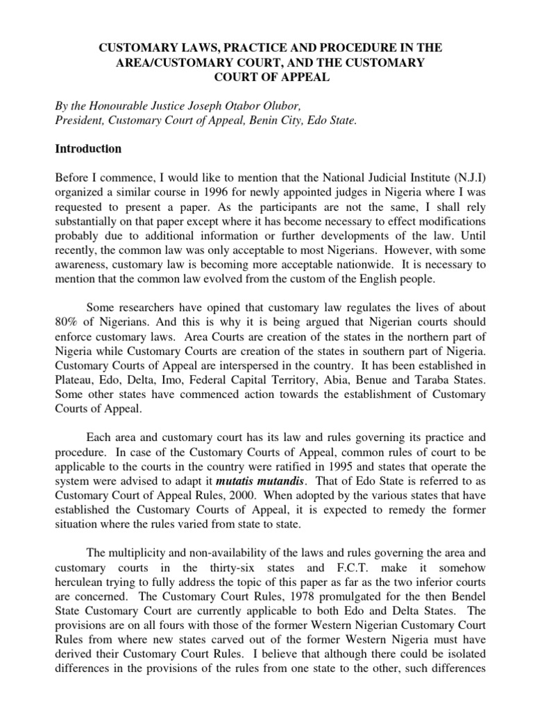 Customary Laws Practice and Procedure in the Area Customary Court and ...