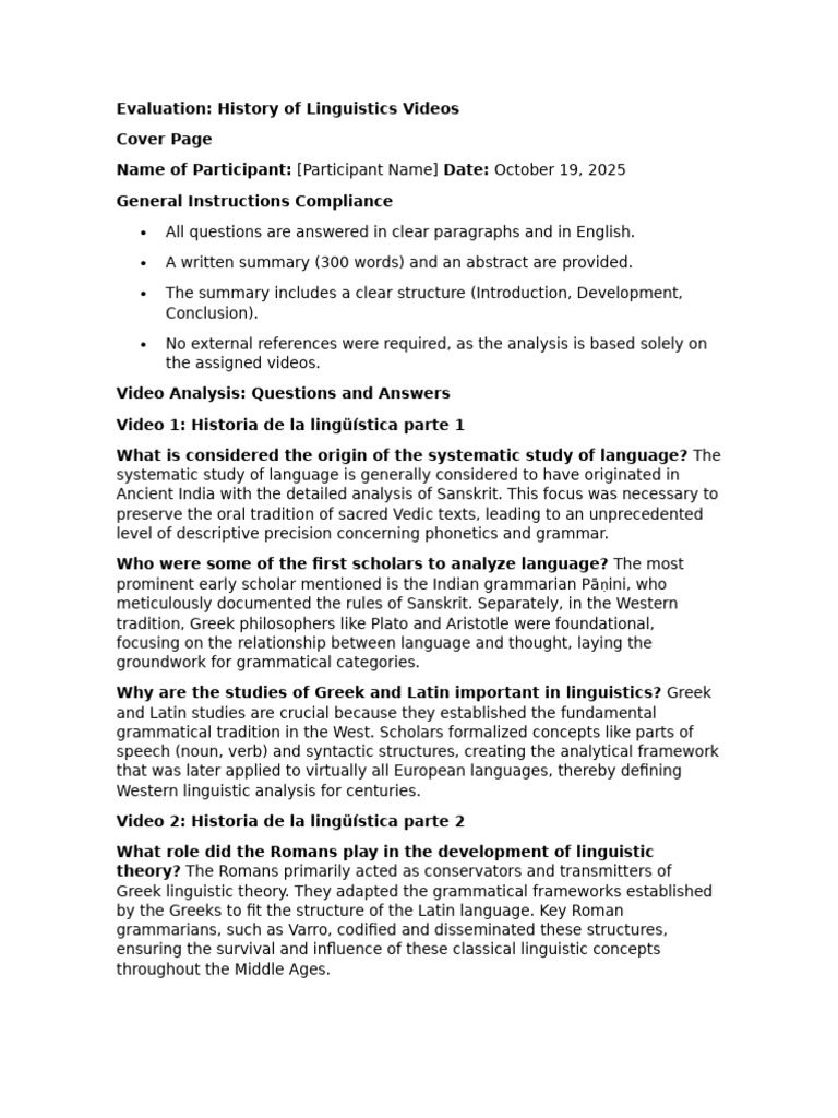 History of Linguistics Video Evaluation | PDF | Linguistics | Semantics