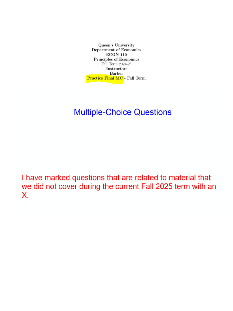 Econ 110 PRACTICE Final Exam Multiple Choice Questions From Fall 2024 ...