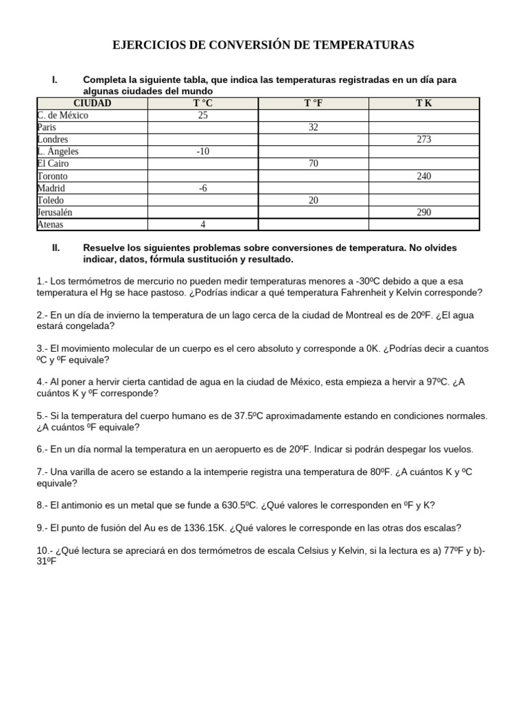 Ejercicios de Conversión de Temperaturas | PDF